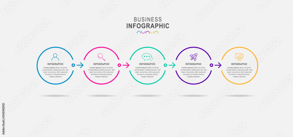 Line step infographic. 5 options workflow diagram, circle timeline ...