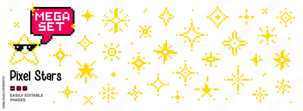 Mega set of pixel sparkle stars in 8-bit retro style. Shiny pixel art effects for games ...
