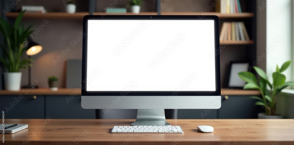 Blank desktop screen on wooden desk; blurred creative office background ...