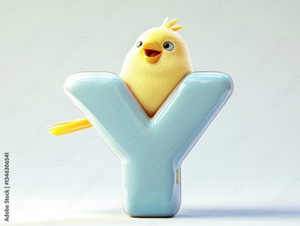 Glossy 3D Letter Y with Smiling Yellow Bird Sitting in a Playful Pose ...
