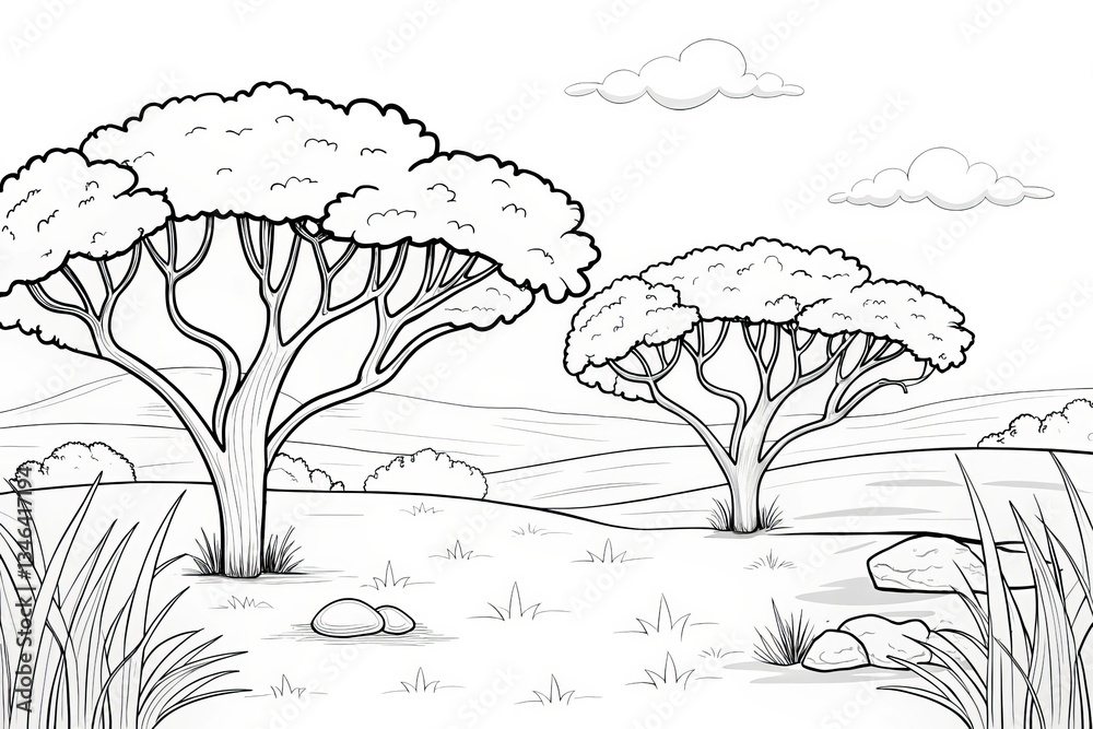 Safari animal theme, Outline of trees and hills in a serene landscape ...