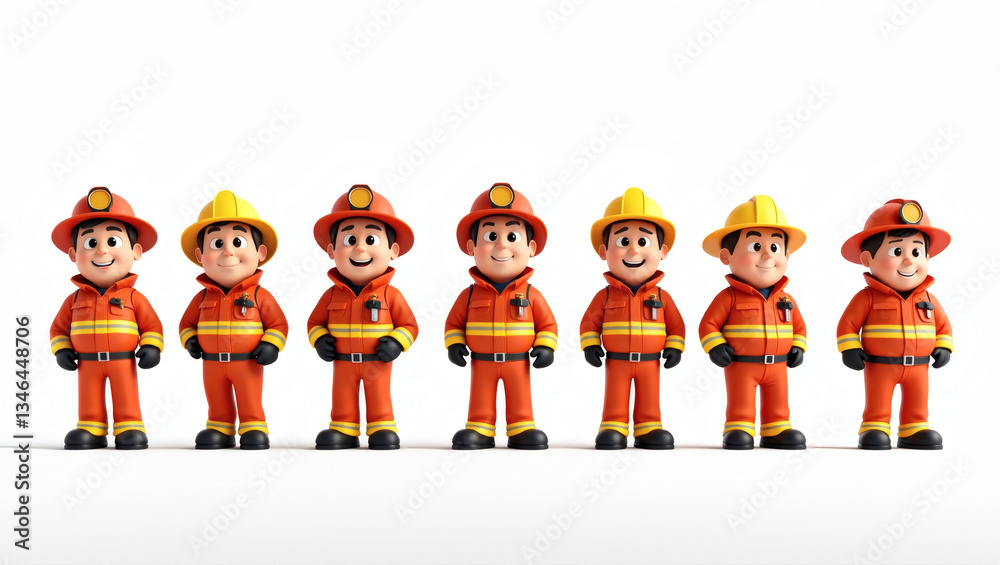 seven cartoon firefighter characters standing side by side, each with a ...