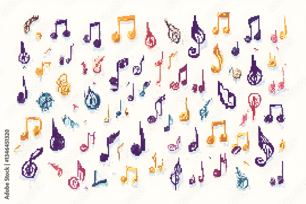 8-bit pixel art sprite sheet featuring various musical notes and ...