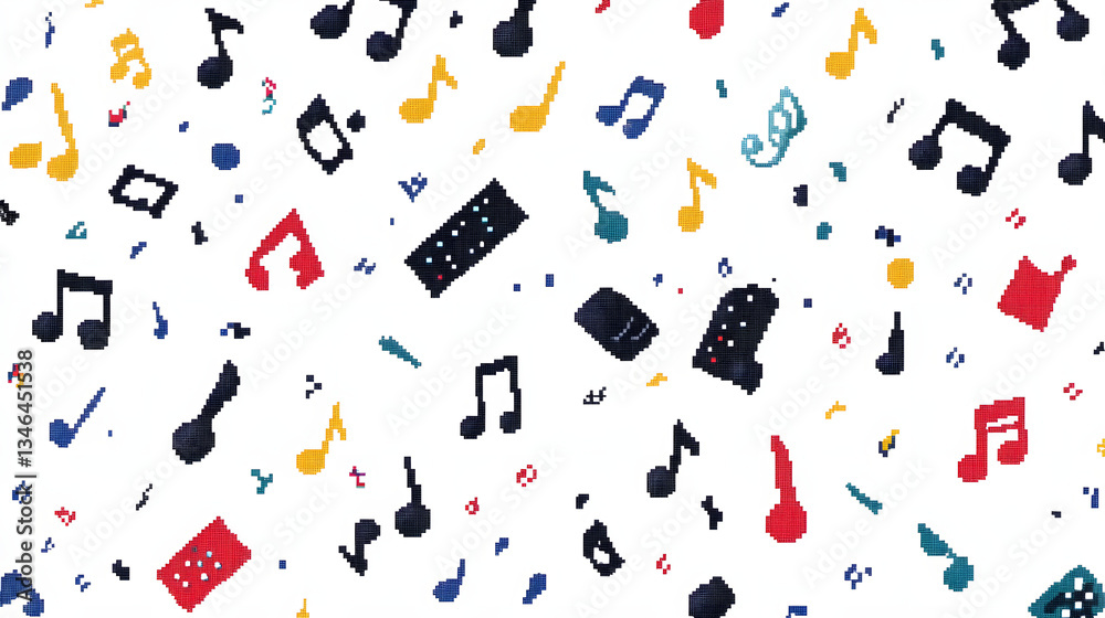 8-bit pixel art sprite sheet featuring various musical notes and ...