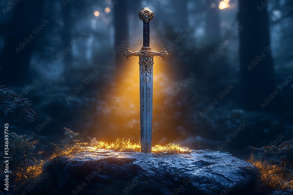 Enchanted Forest Sword in Stone Fantasy Game Art, Epic Medieval Weapon ...