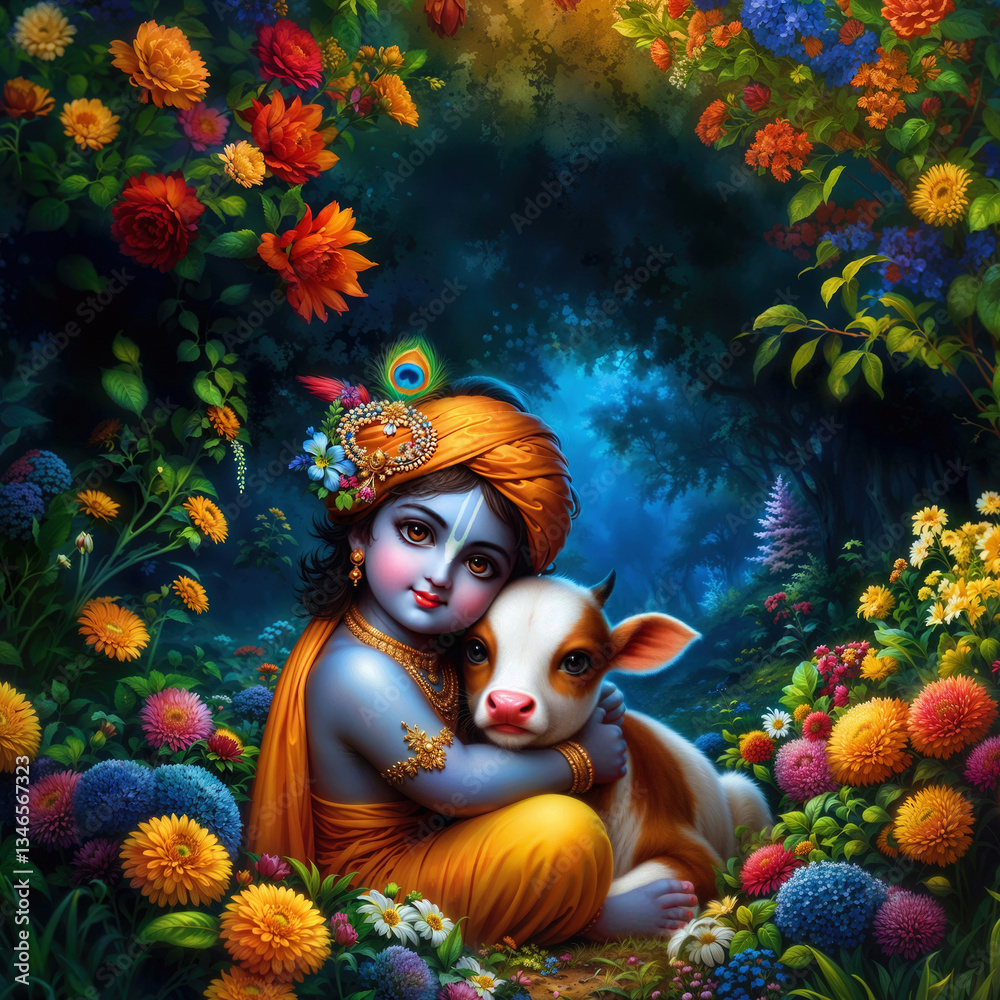 Lord Krishna with Cow in Vrindavan Forest, Illustration Image, India ...