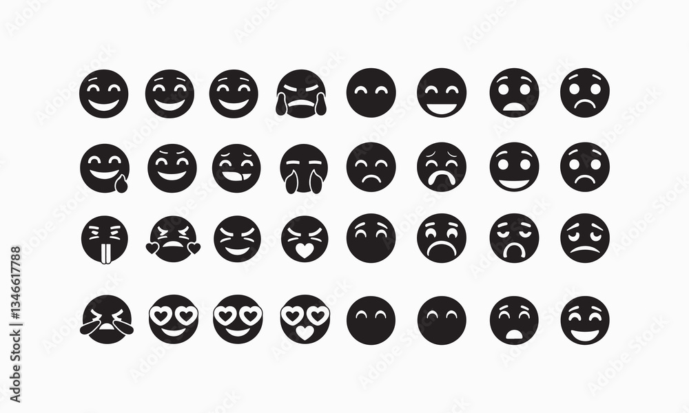 silhouette style images of an Emoticon set, Emoji faces collection ...