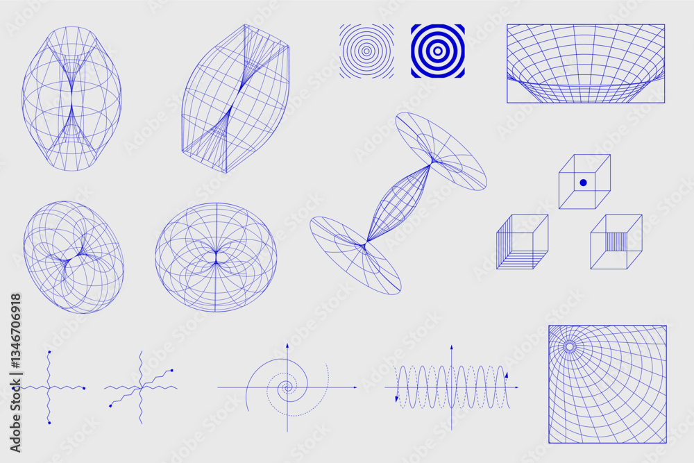 Collection of blue geometric structures, waveforms, mathematical grids ...