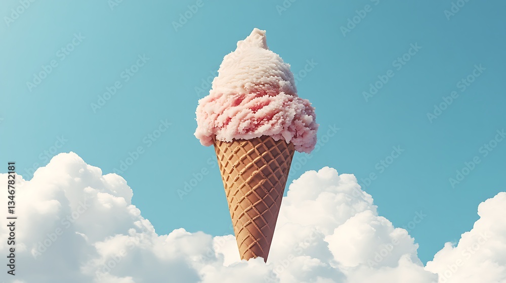 Ice cream cone flying with fluffy cloud on the top of cone in the sky ...