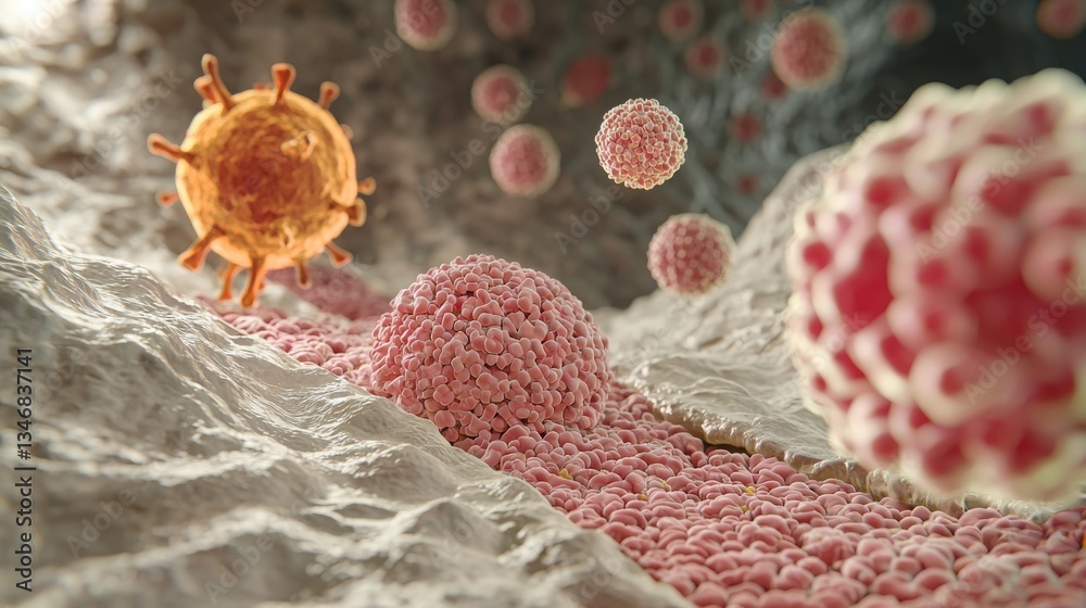 Blood, plasma and immune concept. Microscopic view of viruses and cells ...