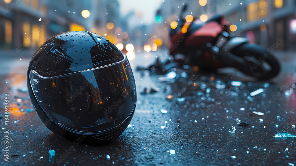 Crash Scene: A high-speed motorcycle accident unfolds, a helmet lying ...