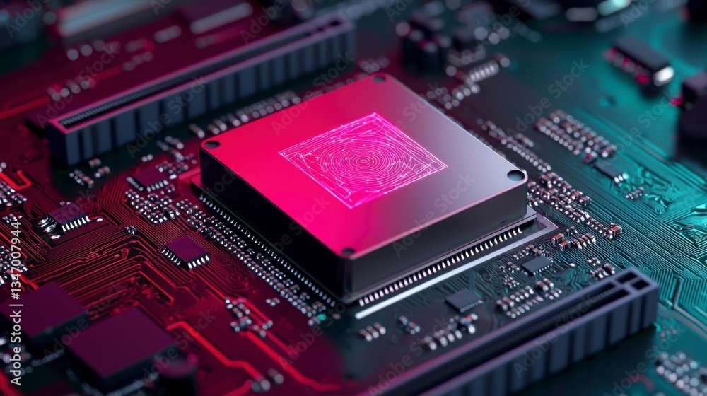 Futuristic quantum AI processor unit on a detailed PCB motherboard ...