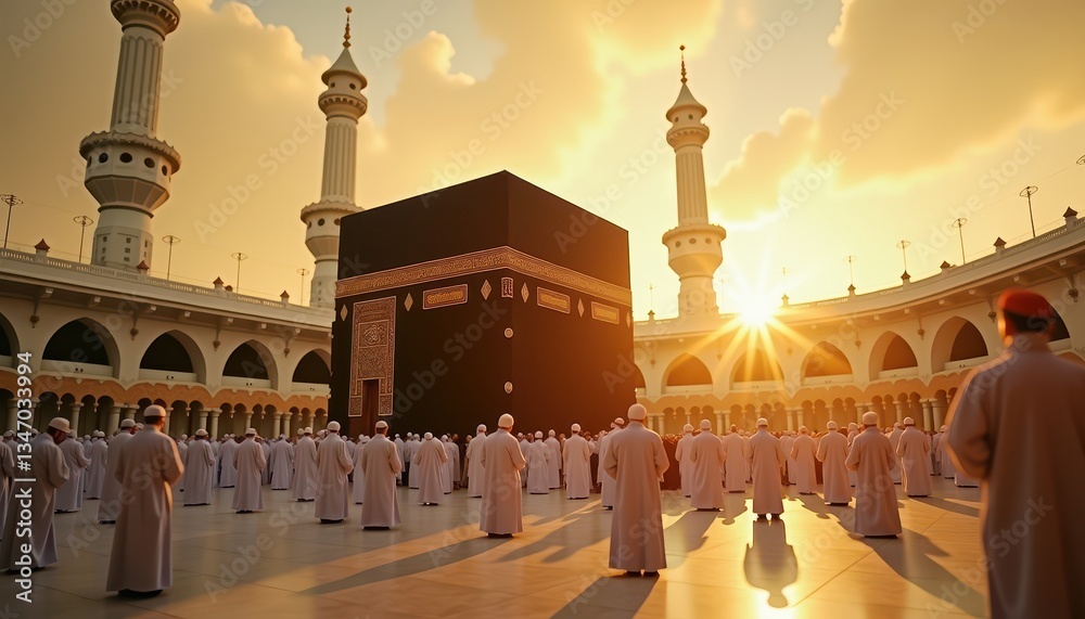 Worshippers in white robes encircle the Kaaba under a golden sunset in ...