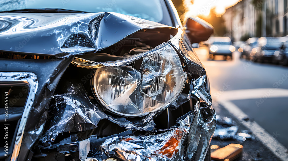 Damage and Destruction: The front of a car is severely wrecked ...