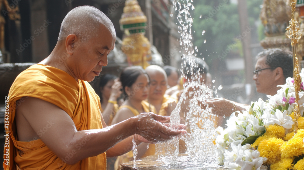 Buddhist monk participating in a traditional water blessing ceremony ...