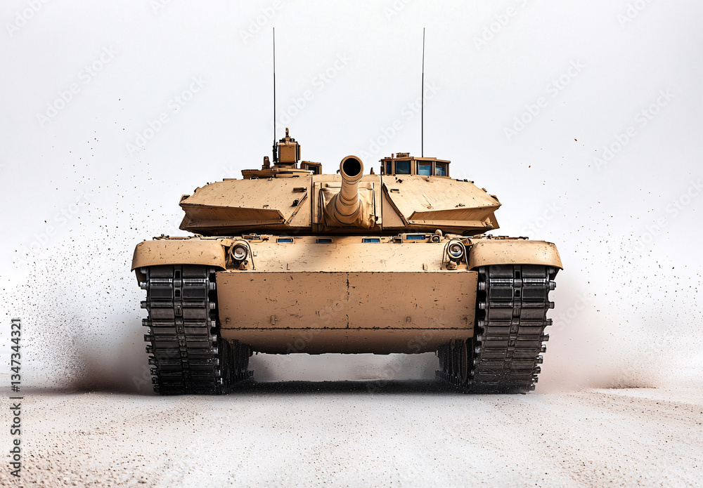M1 Abrams Tank Rolling Front View in Desert Tan Color With Sand Kicking ...