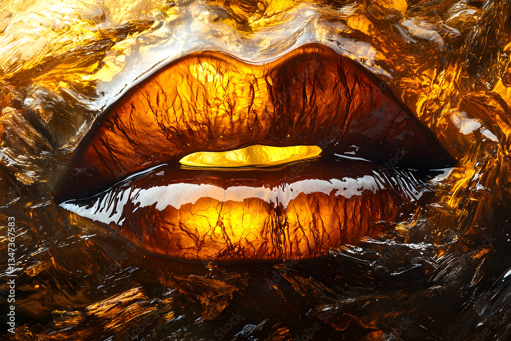 hyper-realistic amber-hued lips, mouth encased in glossy resin texture ...