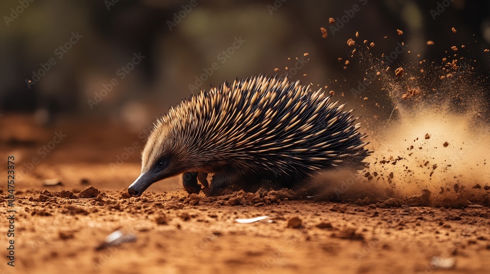 Echidna digging into dry reddish brown Australian soil creating dynamic ...