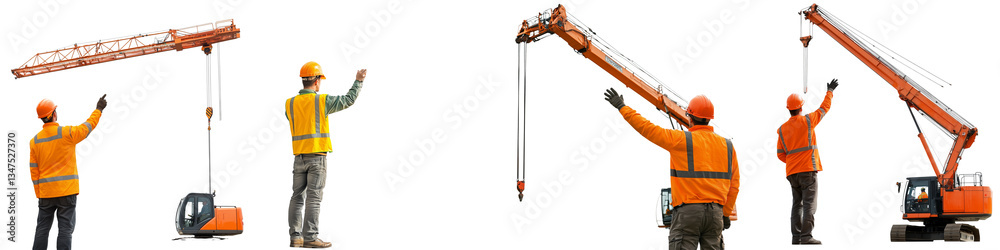 set of A construction worker using correct hand signals to guide a ...