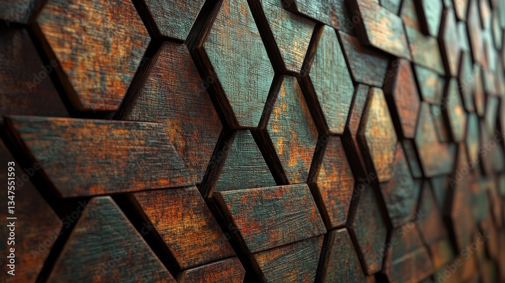 Triangular wood mosaic tiles are arranged to resemble a wall, with ...