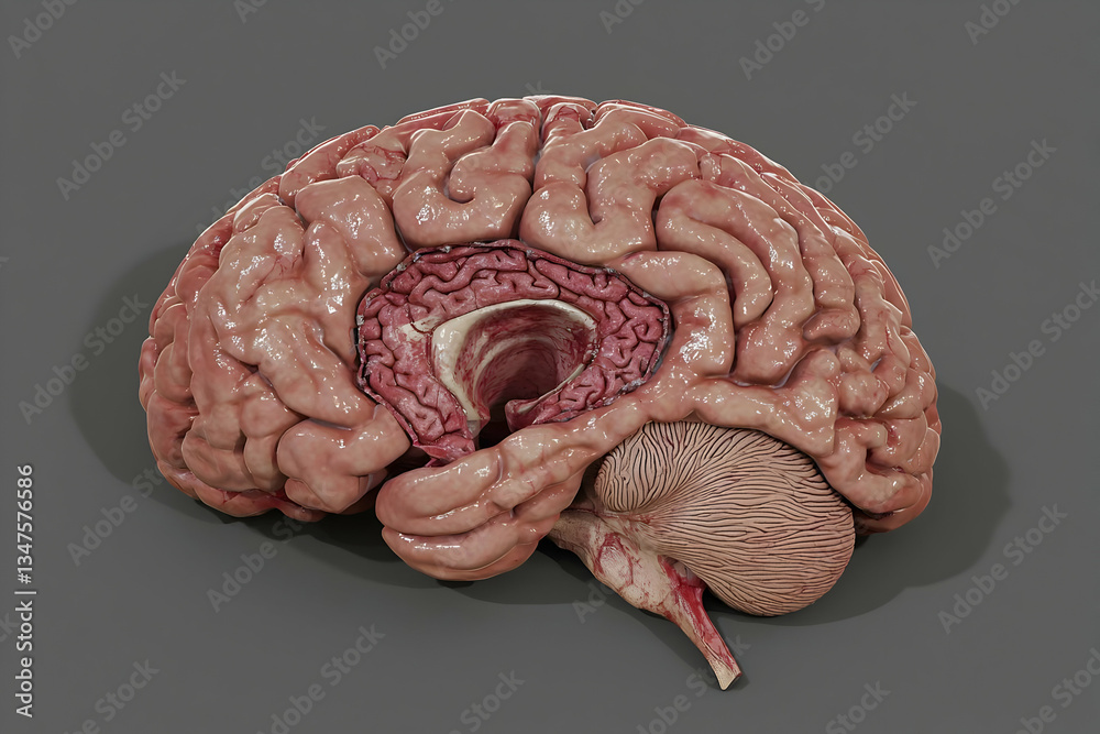 Human brain sagittal view, medical illustration, grey background ...