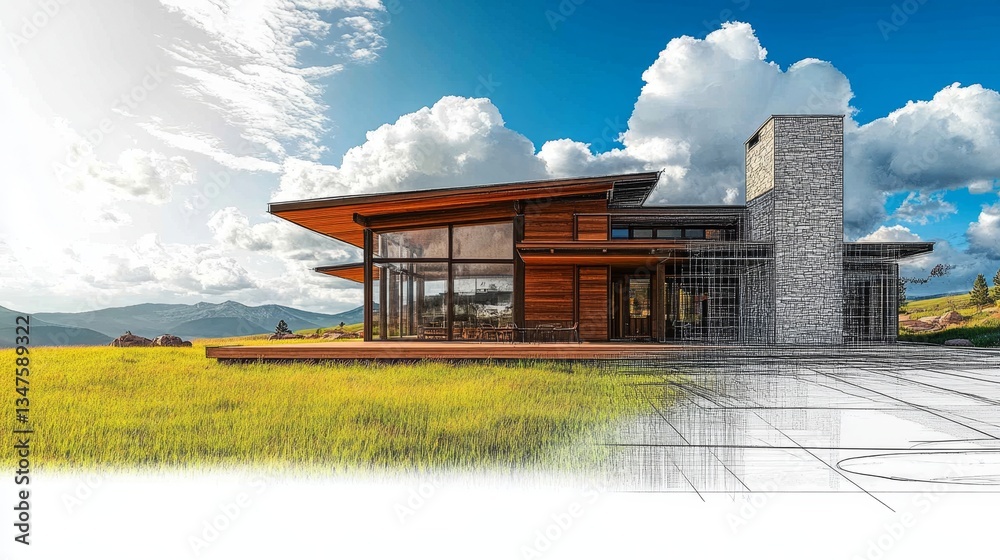 An illustration depicting the transformation of a modern house project ...
