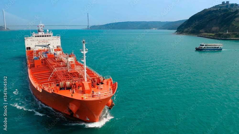 Flying over. Oil tanker underway through Istanbul Strait. Prow, upper ...