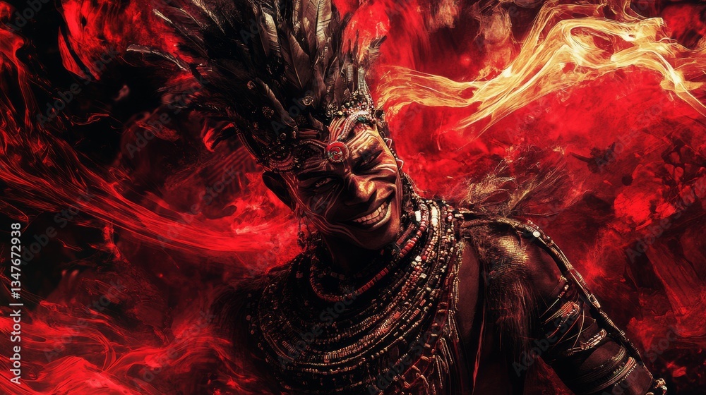A powerful and highly detailed image of Eshu on the right hand of the ...