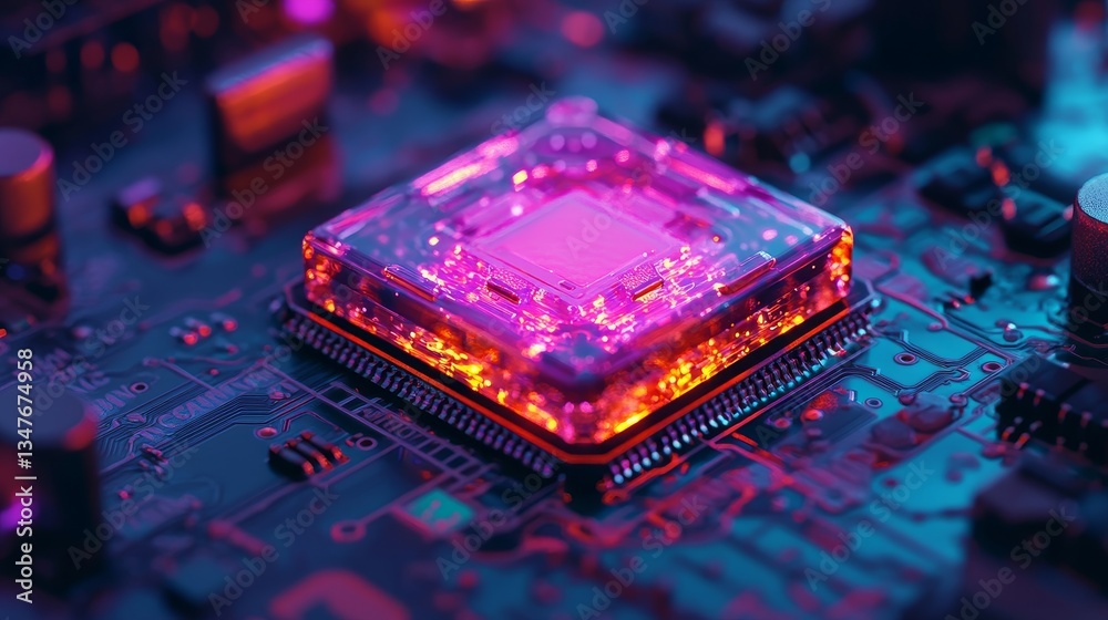 In a 3D render, a microchip displays a video camera technology concept ...