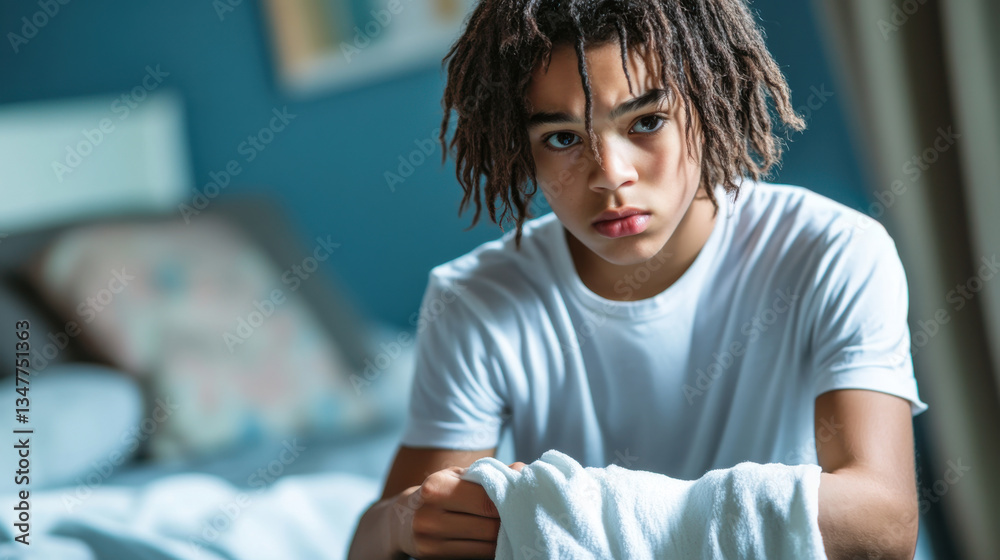 Multiracial Teenager wearing pajamas sitting on a wet bed, looking ...