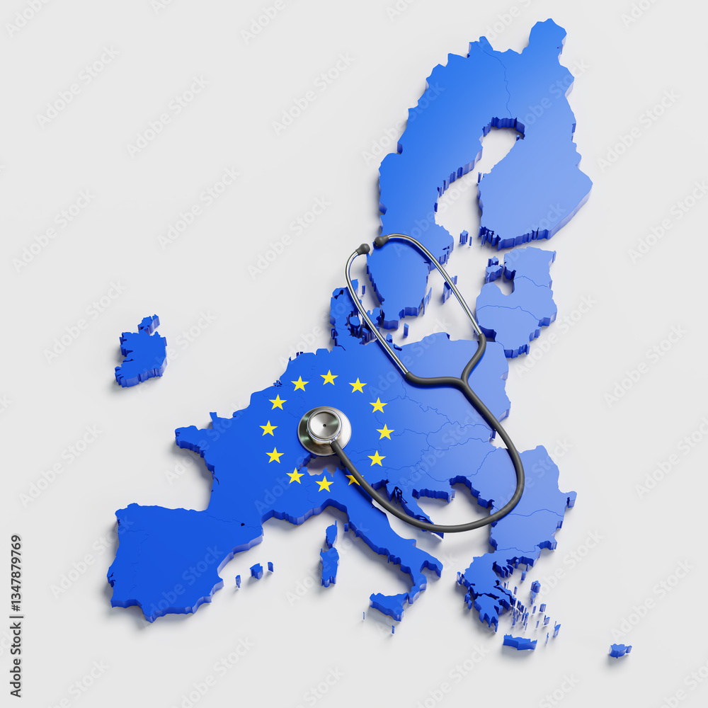 Healthcare in the European Union concept: A stethoscope on a 3d map of ...
