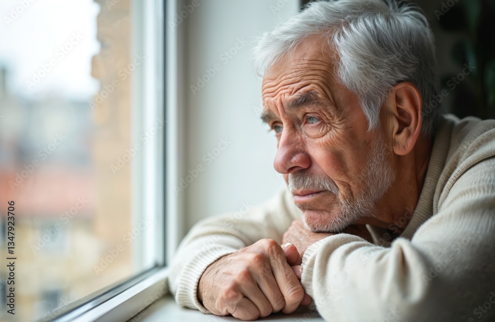Sad senior man looking through window. Lonely, worried elderly person ...