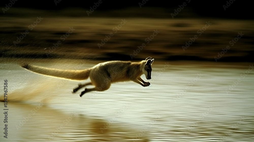 Agile Wallaby sprinting full speed across dry riverbed muscle tensed ...