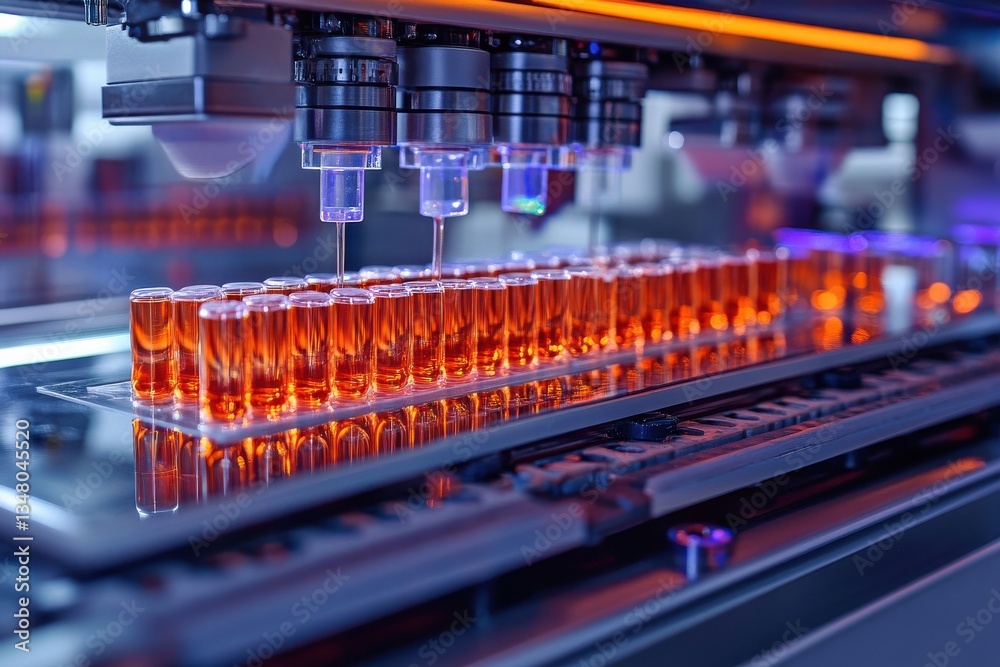High-Tech Laboratory Equipment Filling Test Tubes with Orange Liquid in ...