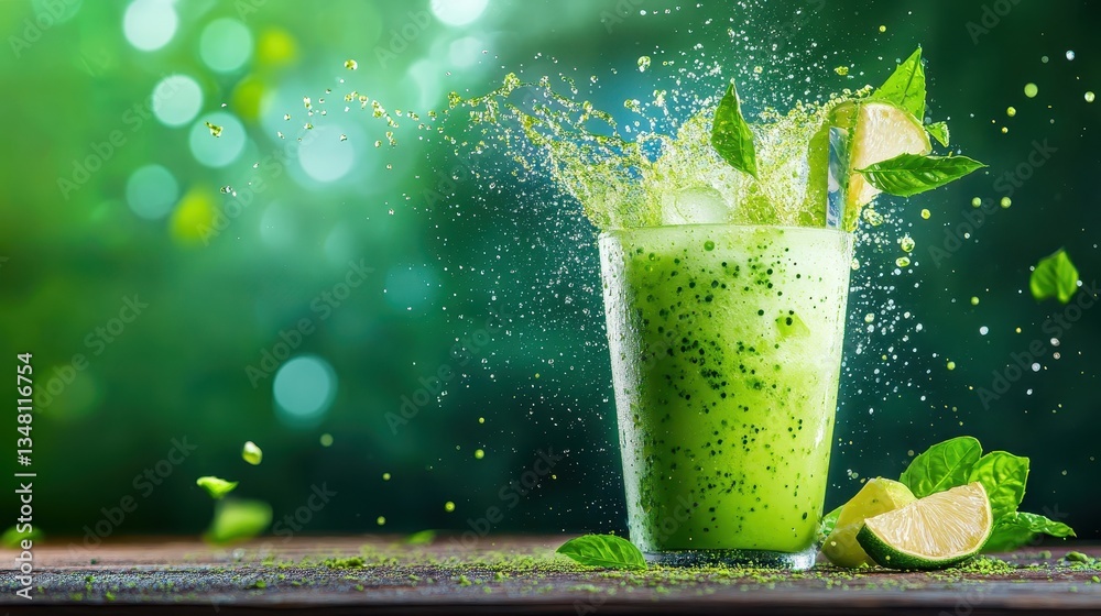 Cinematic product photography of iced matcha, high-speed splash capture ...