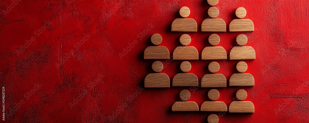 Wooden labels displaying business hierarchy on a red background, with a ...