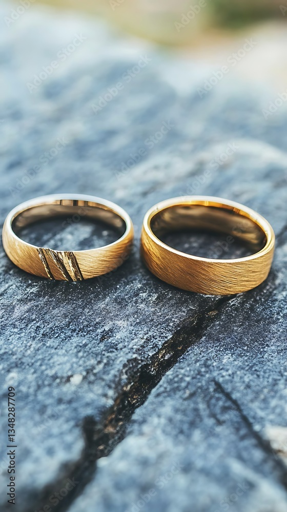 Wedding rings on rock, symbol of the couple's union, vows Stock Photo ...