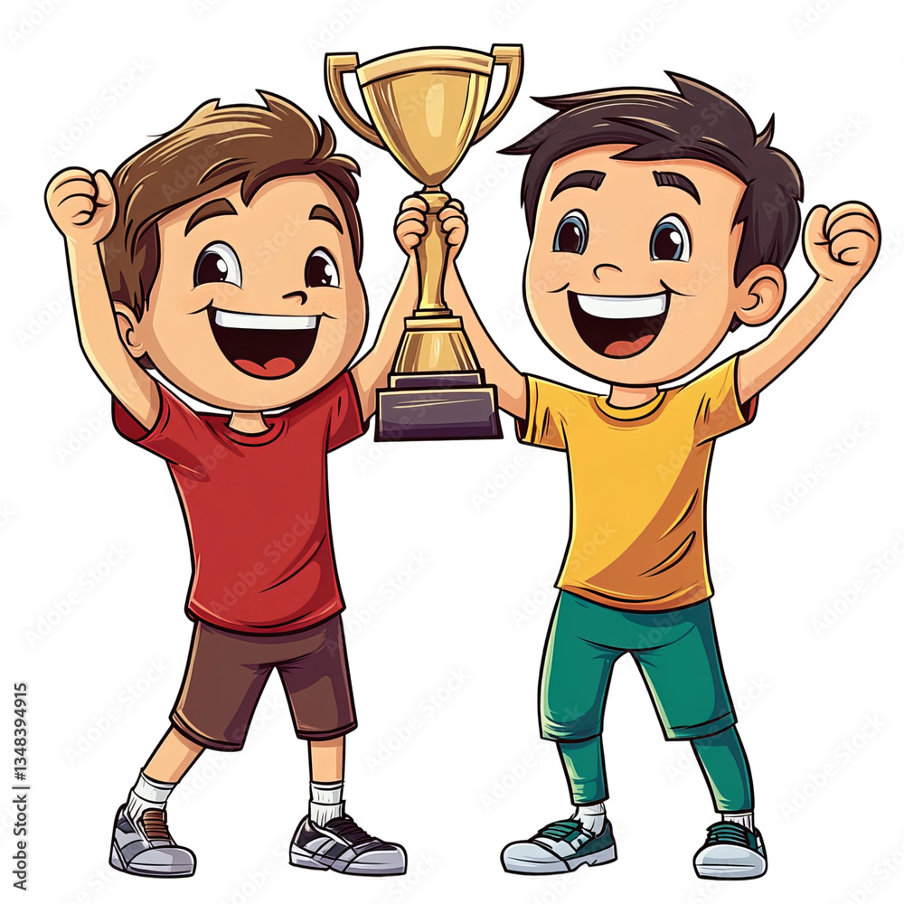 Two best friends celebrating a success, holding up a trophy, proud and ...