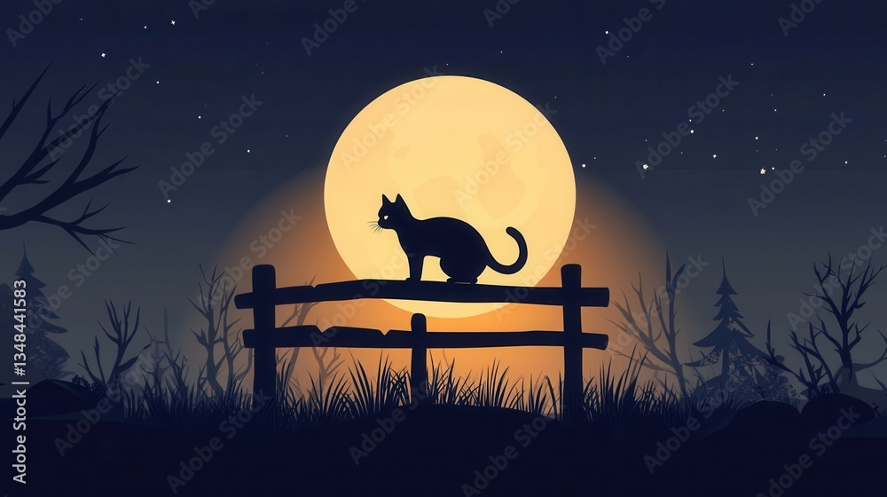 Black Cat Balancing on Fence Under Full Moon in Night Sky Stock ...
