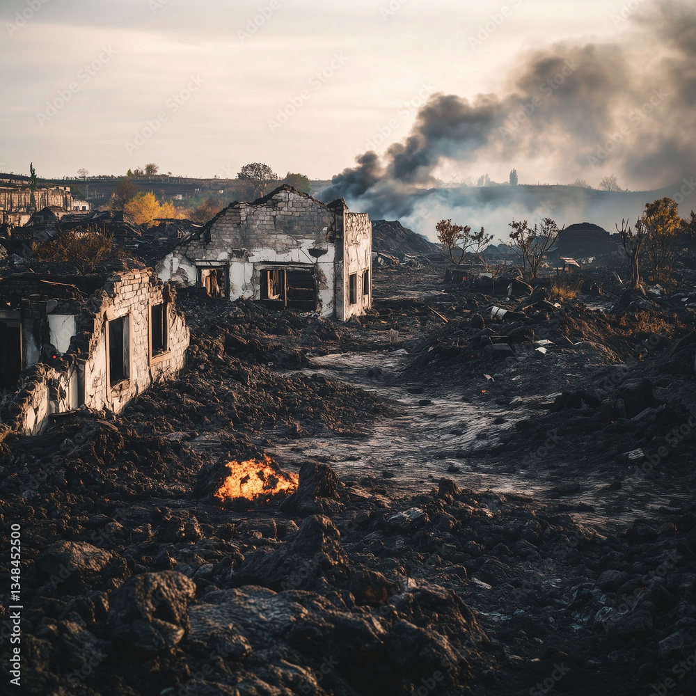 Destroyed buidings in city after volcano eruption. Abandoned village ...