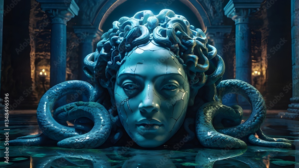 A shattered Medusa head sculpture lying on the floor of an ancient ...