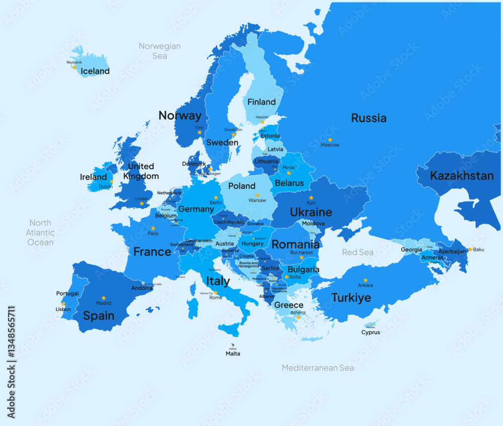 Europe Color Map Illustration. Blue Map of Europe with countries ...