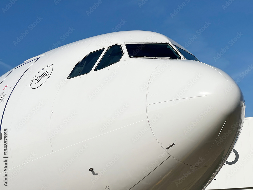 Airbus A330 Cockpit and Nose Blue Sky Background Stock Photo | Adobe Stock