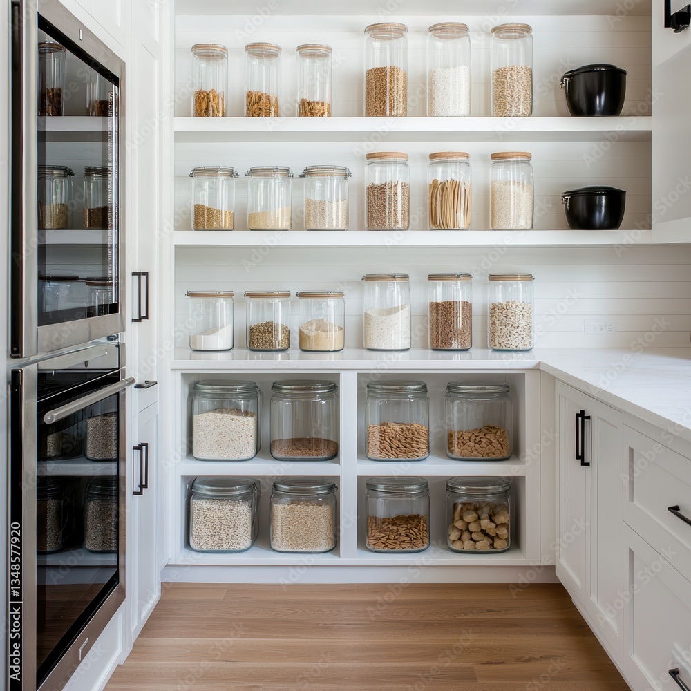 Well-lit pantry filled with meticulously organized dry food essentials ...