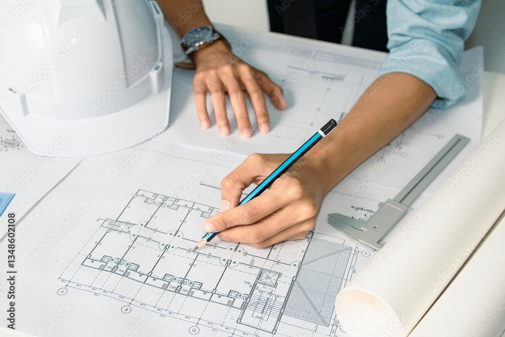 engineer designs a house blueprint in the office, drawing precise ...