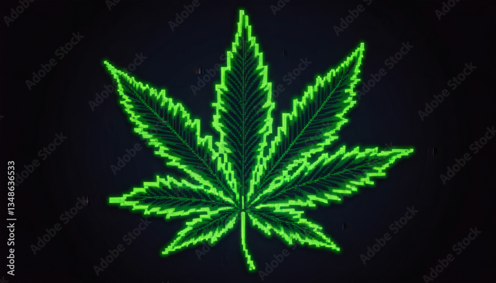 Glowing neon green pixelated marijuana leaf in 8-bit retro art style ...