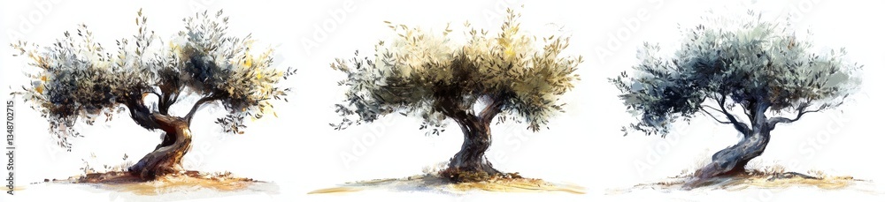 Three olive trees in various stages of growth, showcasing different ...