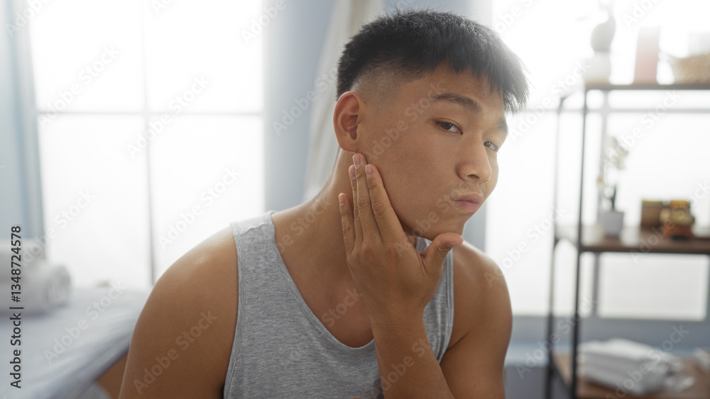 Handsome young chinese man assessing his complexion indoors at a serene ...