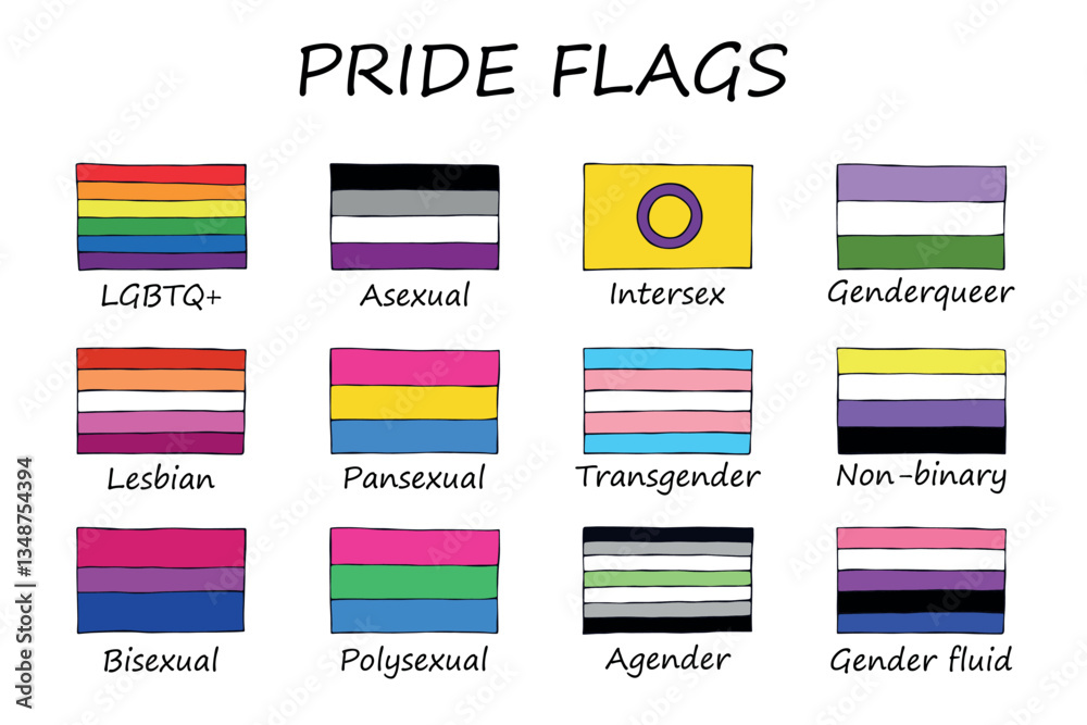 Set of colorful LGBTQ+ pride flags Gender equality and sexual identity ...