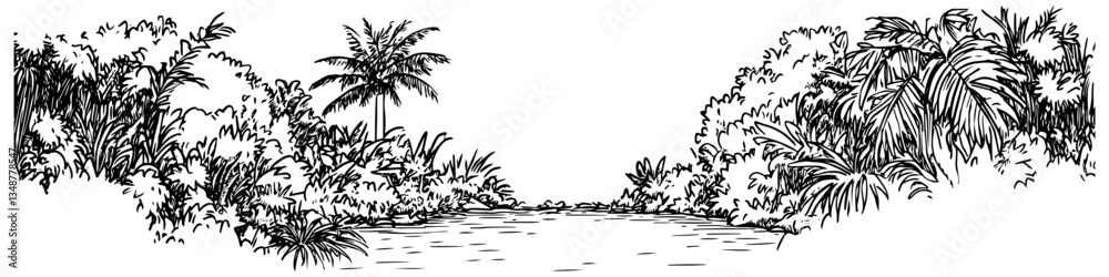 tropical jungle path with palm trees vector sketch illustration in ink ...